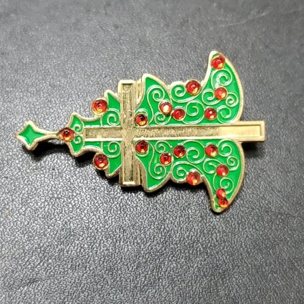 Unbranded | Jewelry | Vintage Gold Tone Holiday Tree Brooch Red Green ...